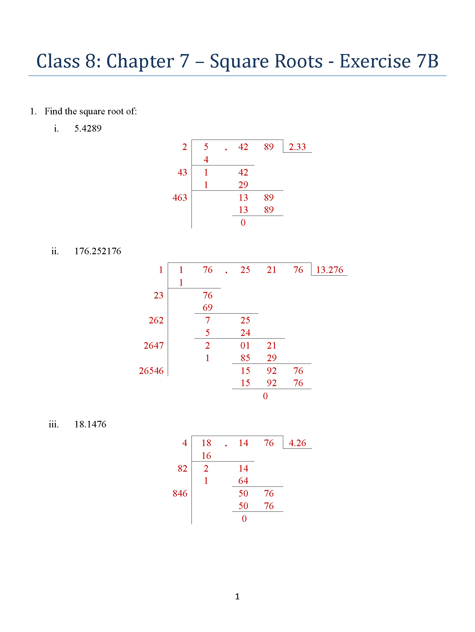 Class 8 Chapter 7 – Square Roots – Exercise 7B Page 1 – ICSE / ISC ...